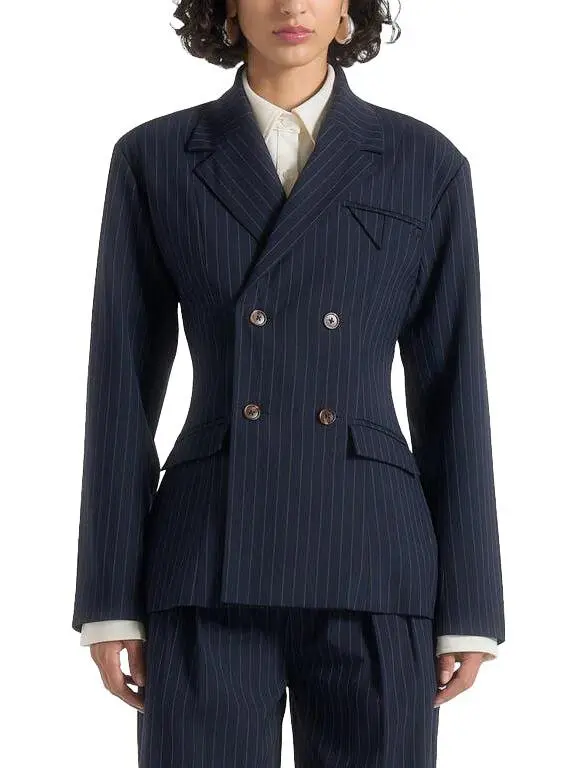 Manière De Voir Maia Pinstripe Double Breasted Blazer - Navy