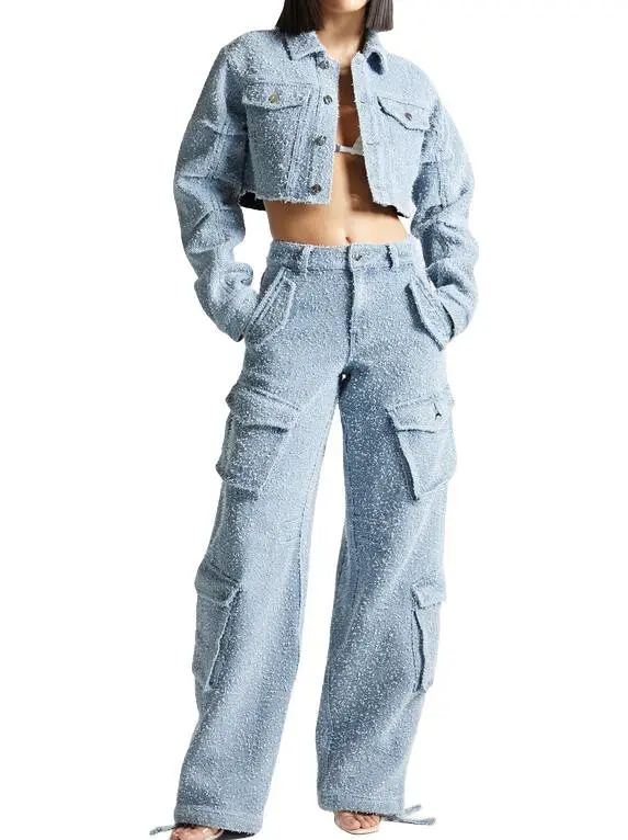 Manière De Voir High Waisted Boucle Denim Cargo Pants - Mid Blue