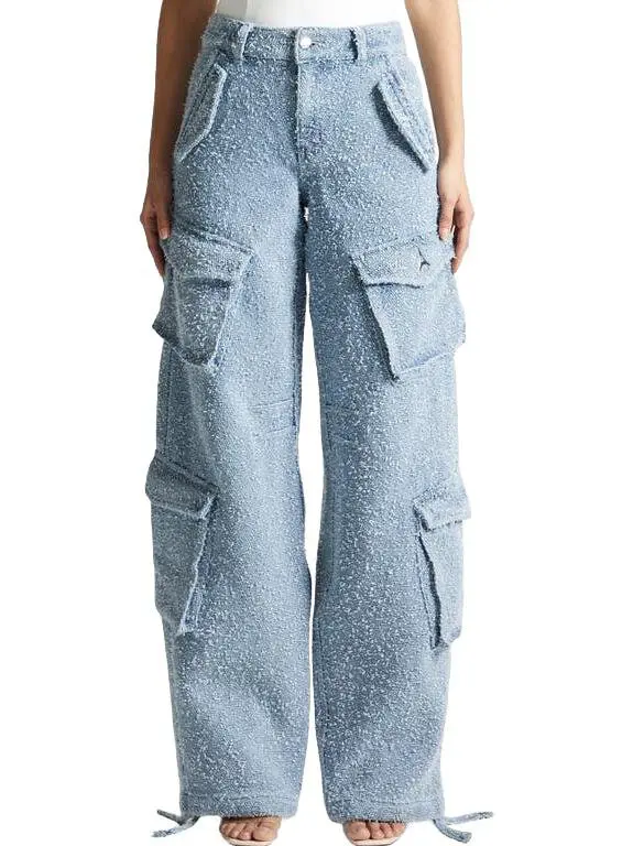 Manière De Voir High Waisted Boucle Denim Cargo Pants - Mid Blue