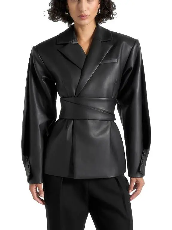Manière De Voir Twist Sleeve Vegan Leather Blazer - Black