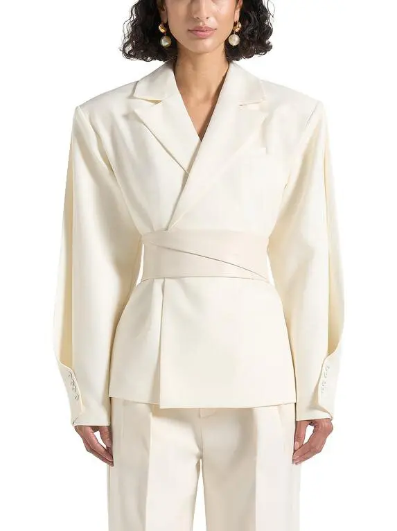 Manière De Voir Twist Sleeve Tailored Blazer With Belt - Cream
