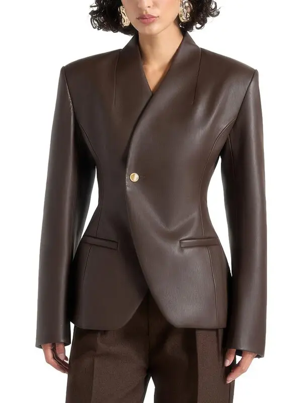 Manière De Voir Vegan Leather Kimono Blazer With Cinched Waist - Brown