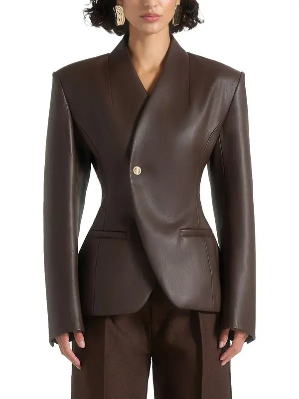 Manière De Voir Vegan Leather Cinched Waist Blazer - Brown