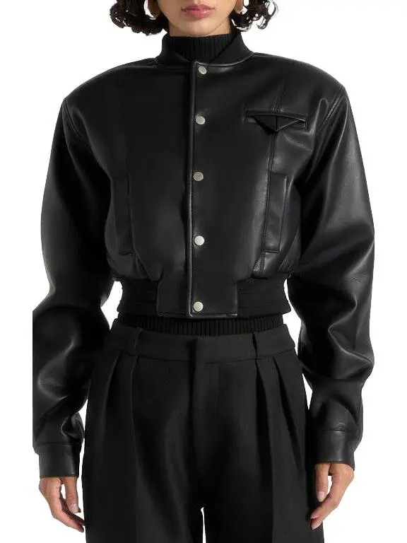 Manière De Voir Leather Wide Shoulder Bomber Jacket - Black