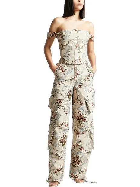 Manière De Voir Floral Jacquard High Waisted Cargo Pants - Beige