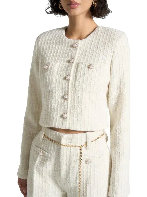 Manière De Voir Celine Cropped Tweed Jacket With Pearl Detail - Cream