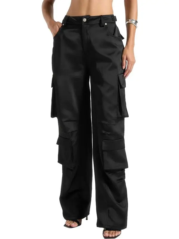 Manière De Voir Satin High Waisted Cargo Trousers - Black