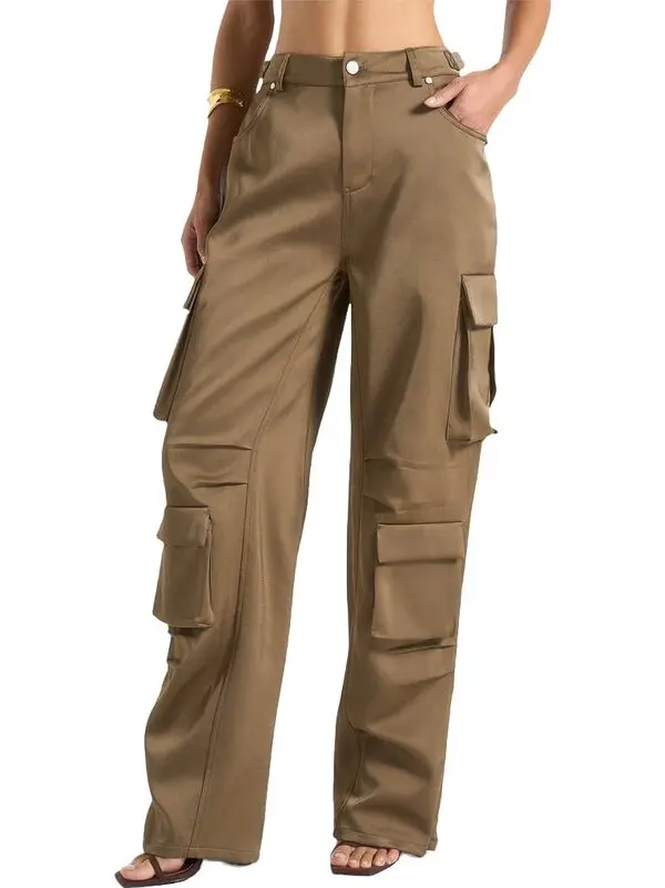 Manière De Voir Satin High Waisted Cargo Trousers - Dark Olive