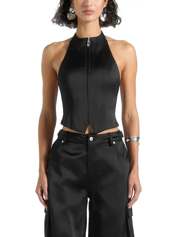 Manière De Voir Claudette Satin Halterneck Top - Black