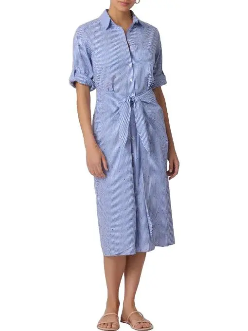 Shoshanna Embellished Pinstripe Tie Shirtdress - French Blue/optic
