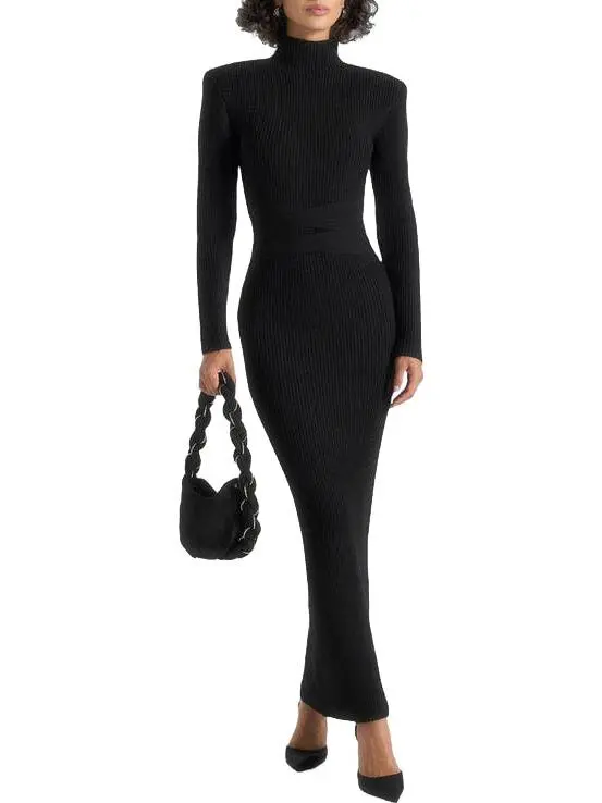 Manière De Voir Wide Shoulder Knit Dress With Waist Tie - Black