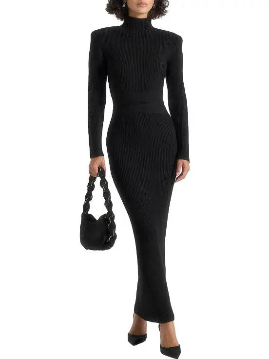 Manière De Voir Wide Shoulder Knit Dress With Waist Tie - Black