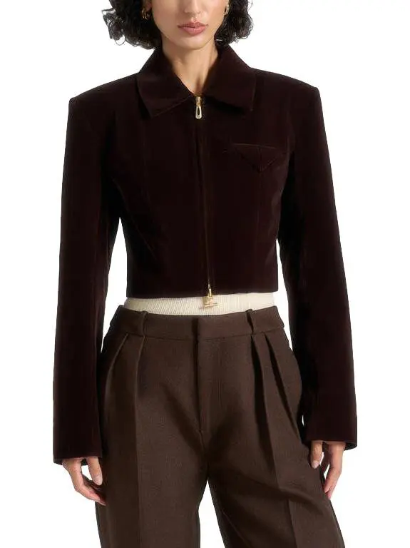 Manière De Voir Adina Velvet Cropped Jacket - Brown