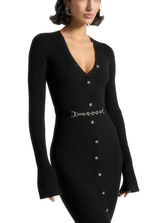 Manière De Voir Assia Long Sleeve Knitted Midaxi Dress With Belt - Black