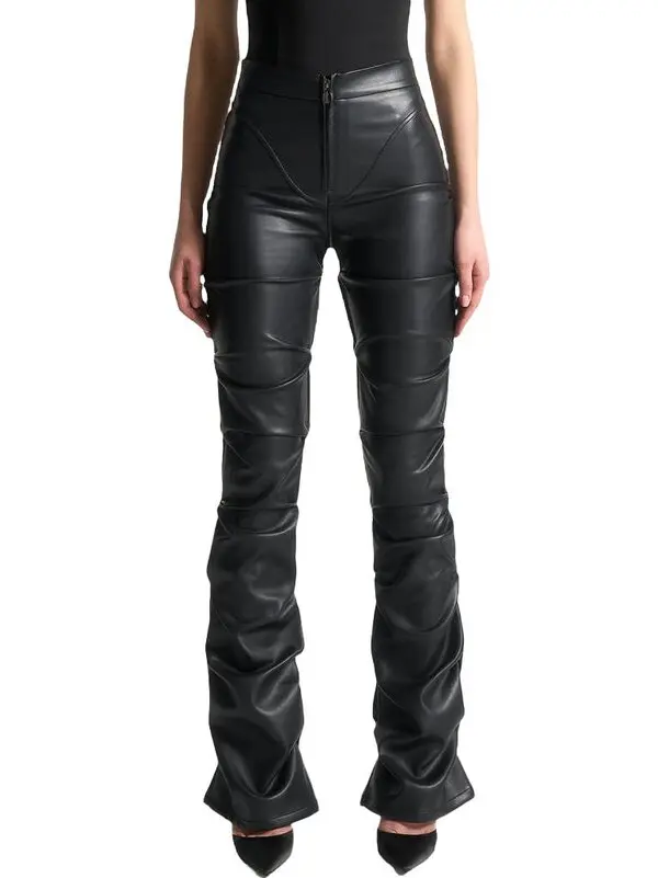 Manière De Voir Vegan Leather Tacked Flared Trousers - Black