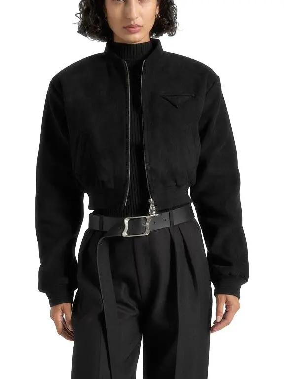Manière De Voir Wide Shoulder Vegan Suede Bomber Jacket - Black