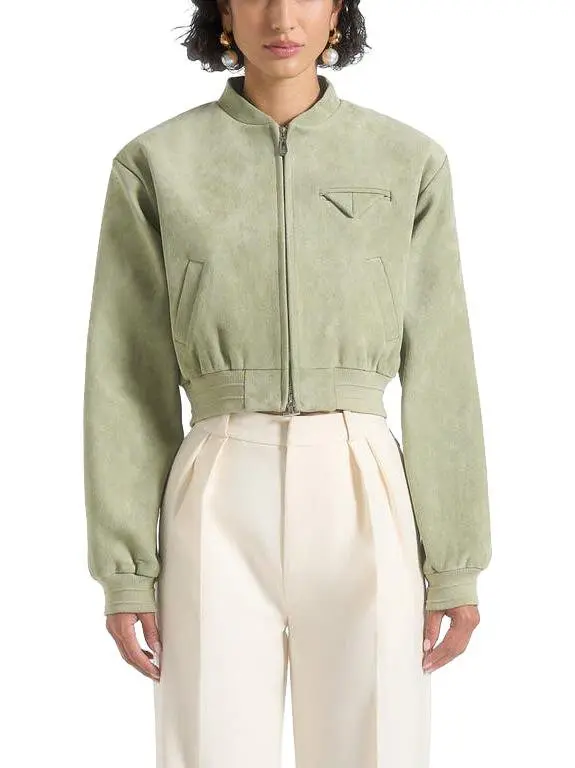 Manière De Voir Wide Shoulder Vegan Suede Bomber Jacket - Sage