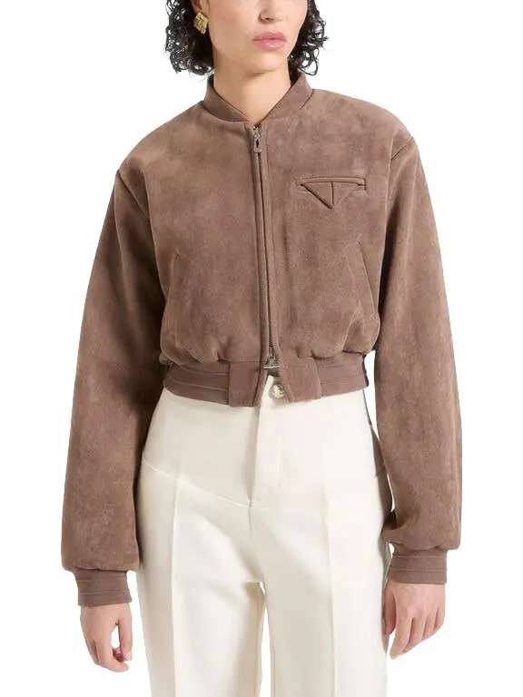 Manière De Voir Wide Shoulder Vegan Suede Bomber Jacket - Taupe