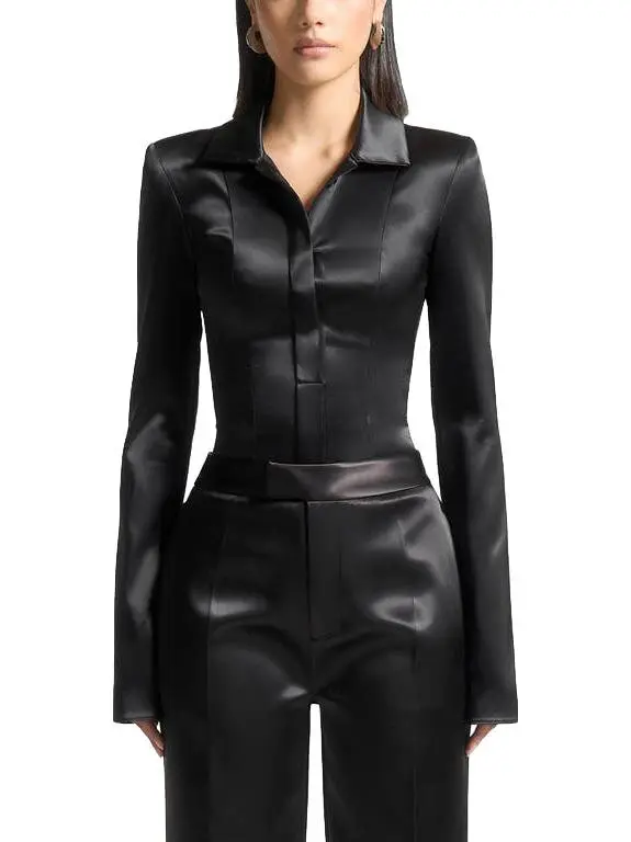 Manière De Voir Louise Satin Shirt Bodysuit - Black
