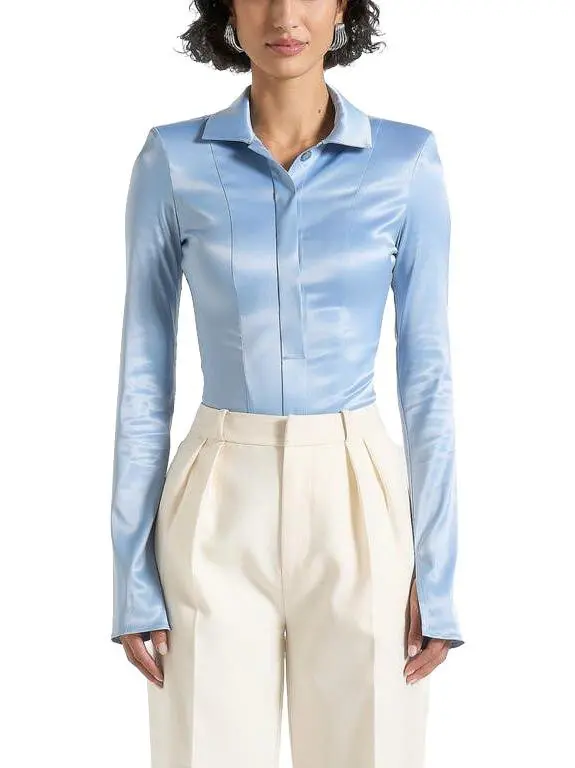 Manière De Voir Louise Satin Shirt Bodysuit - Pale Blue