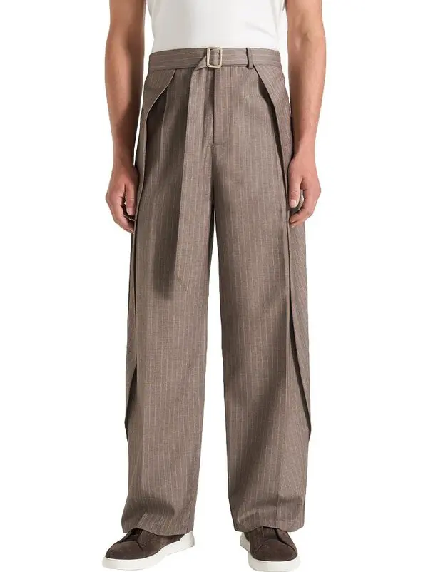 Manière De Voir Charles Wide Fit Wrap Leg Pinstripe Trousers - Taupe
