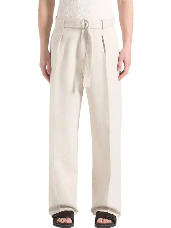Manière De Voir Wide Leg Textured Trousers With Belt - Cream