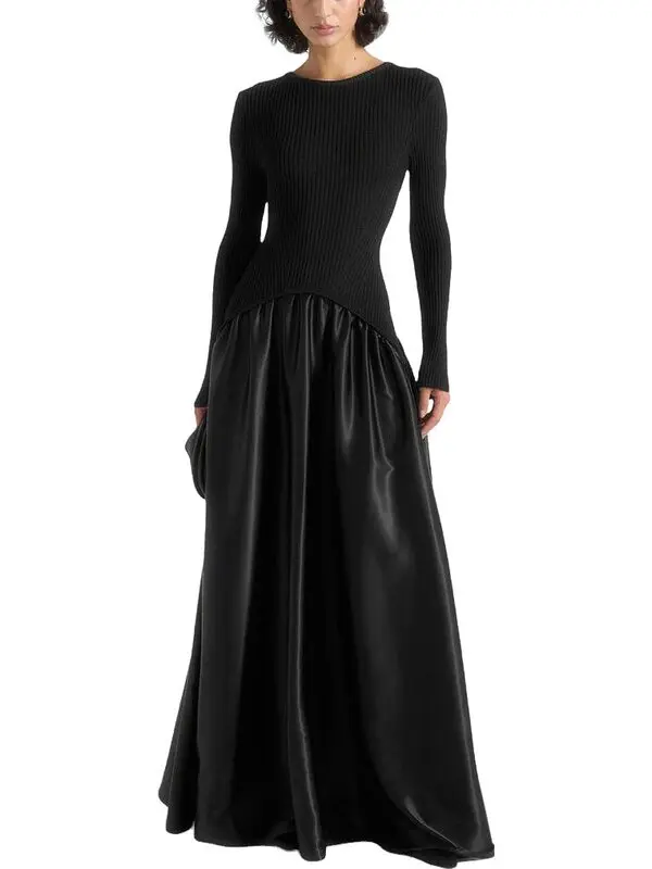 Manière De Voir Knit & Satin Curved Hem Maxi Dress - Black