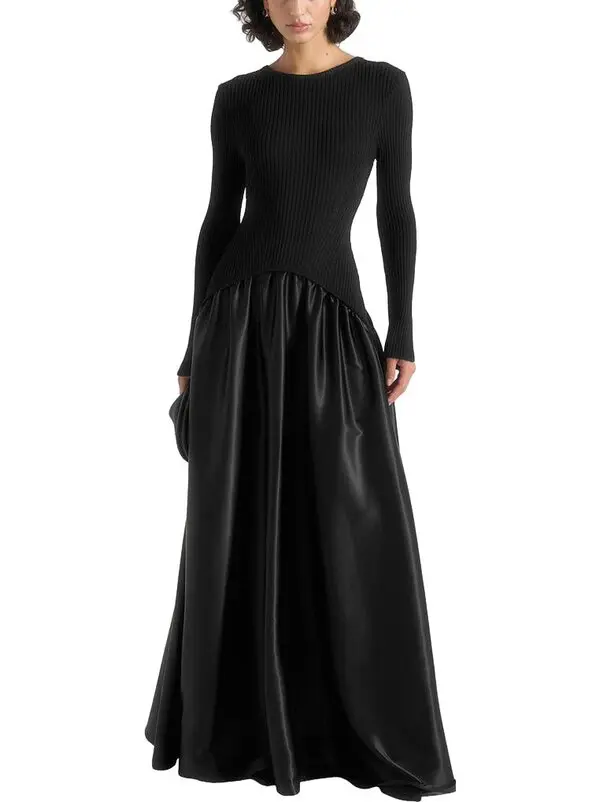Manière De Voir Knit & Satin Curved Hem Maxi Dress - Black