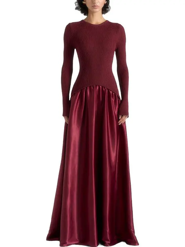 Manière De Voir Knit & Satin Curved Hem Maxi Dress - Wine Red