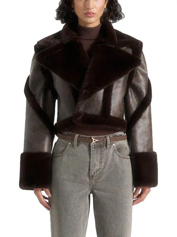 Manière De Voir Vintage Leather & Plush Gilet Jacket - Brown