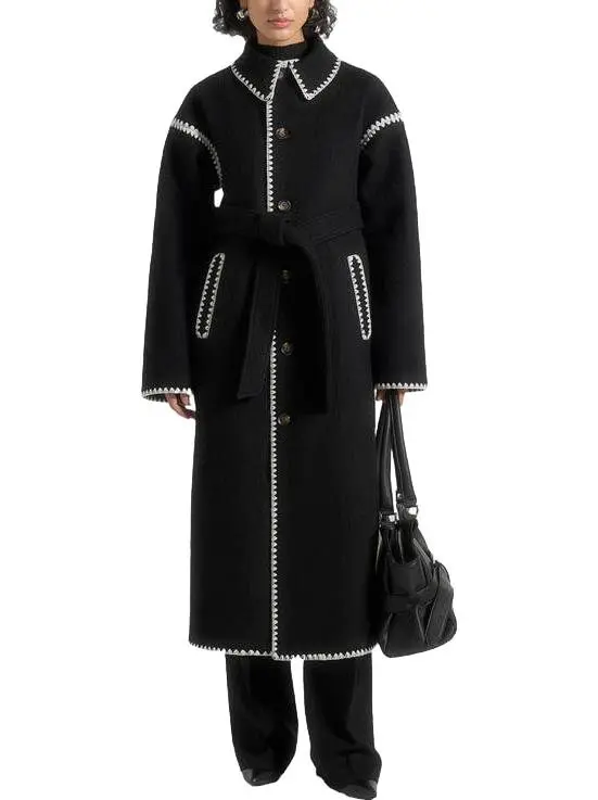 Manière De Voir Elora Wool Blanket Stitch Belted Longline Coat - Black