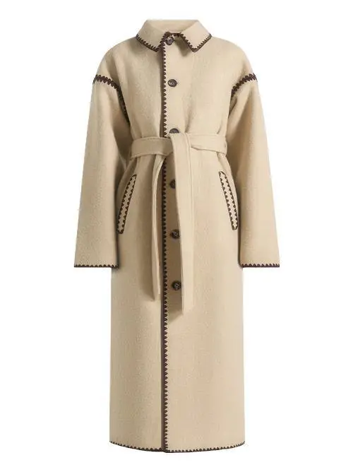 Manière De Voir Elora Wool Blanket Stitch Belted Longline Coat - Taupe