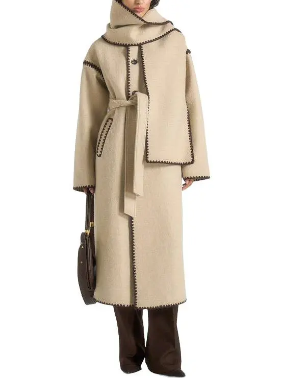 Manière De Voir Elora Wool Blanket Stitch Belted Longline Coat - Taupe