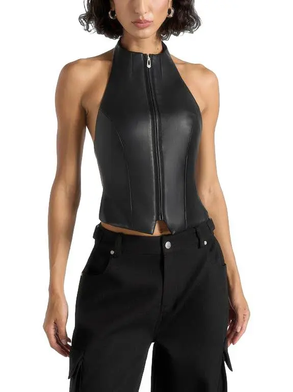 Manière De Voir Claudette Vegan Leather Halterneck Top - Black