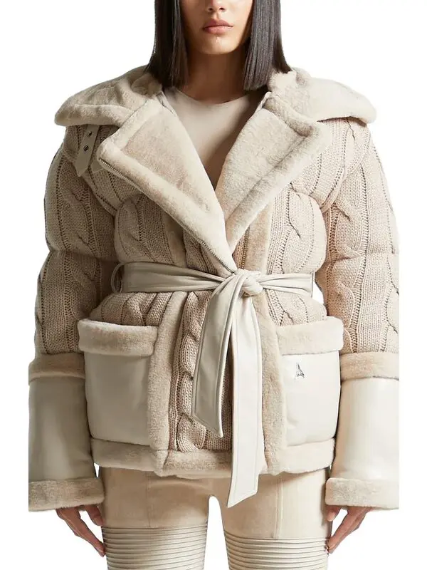 Manière De Voir Tara Knit And Plush Puffer Biker Jacket - Beige