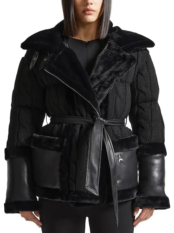 Manière De Voir Tara Knit And Plush Puffer Biker Jacket - Black