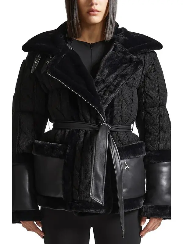 Manière De Voir Tara Knit And Plush Puffer Biker Jacket - Black