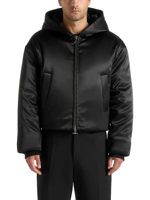 Manière De Voir Satin Cropped Hooded Jacket - Black