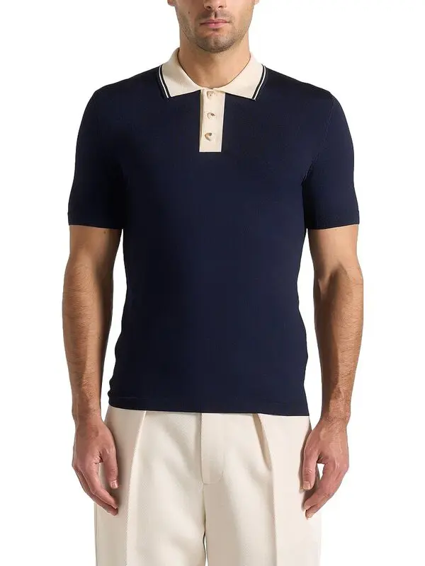 Manière De Voir Roux Contrast Detail Luxe Knit Polo Shirt - Navy