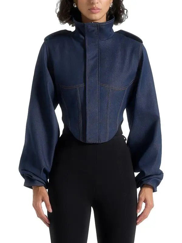 Manière De Voir Denim Corset Jacket With Tacked Sleeves - Polished Indigo