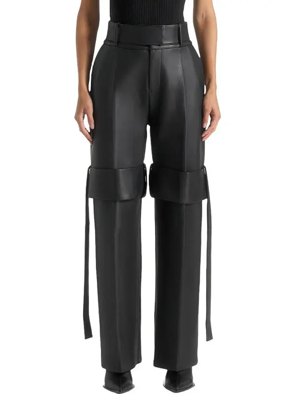 Manière De Voir Leather Belted Strap Detail Trousers - Black