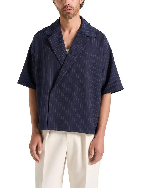 Manière De Voir Abel Boxy Pinstripe Double Breasted Shirt - Navy