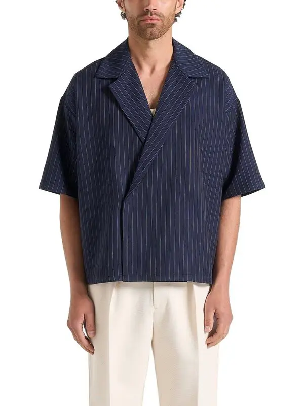 Manière De Voir Abel Boxy Pinstripe Double Breasted Shirt - Navy