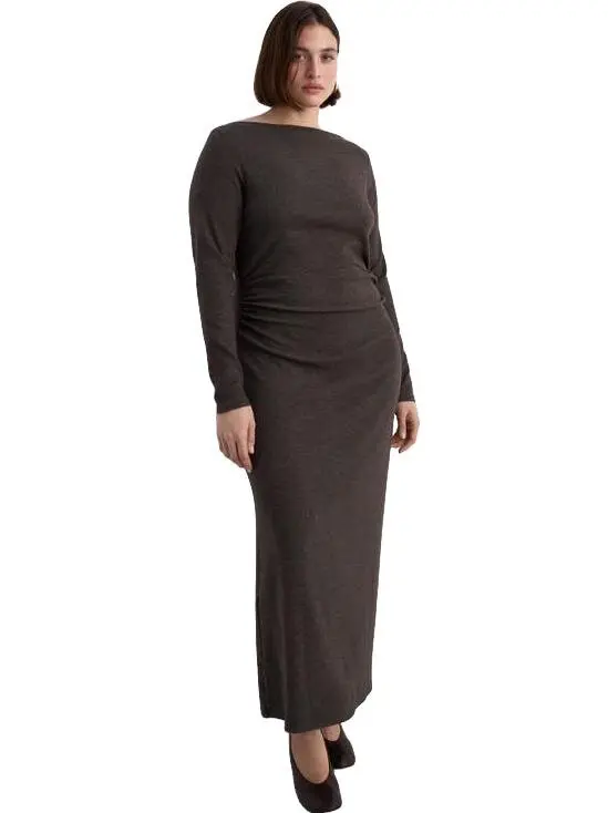 Mango Ruched Long Sleeve Knit Maxi Dress - Brown
