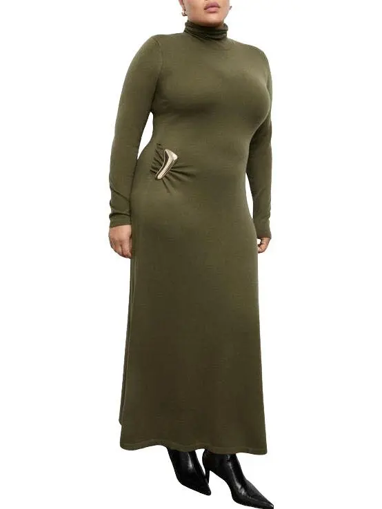 Mango Turtleneck Long Sleeve Knit Dress - Khaki Green