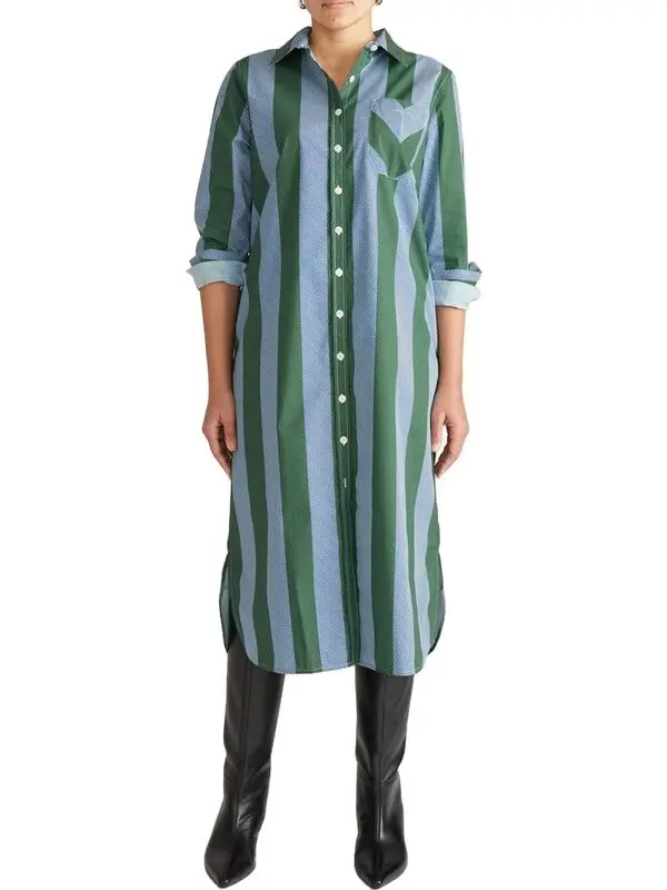 Universal Standard Odeon Long Sleeve Stretch Poplin Midi Shirt Dress - Green/blue Stripe