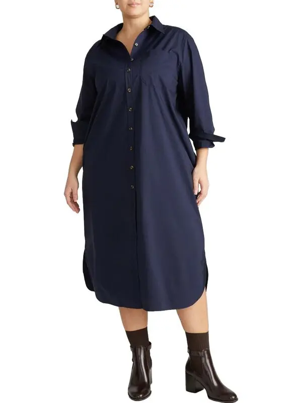 Universal Standard Odeon Long Sleeve Stretch Poplin Midi Shirt Dress - Navy Blue