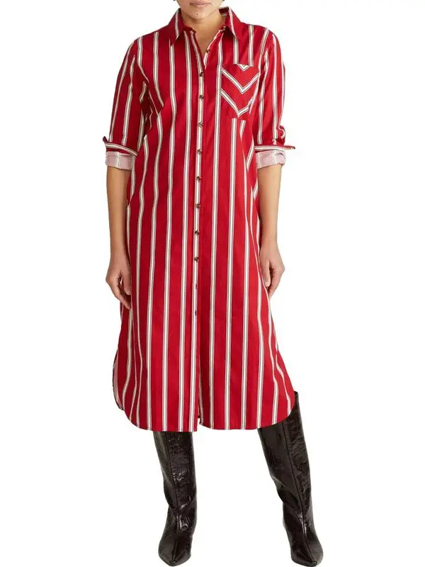 Universal Standard Odeon Long Sleeve Midi Shirtdress - Red/black/white