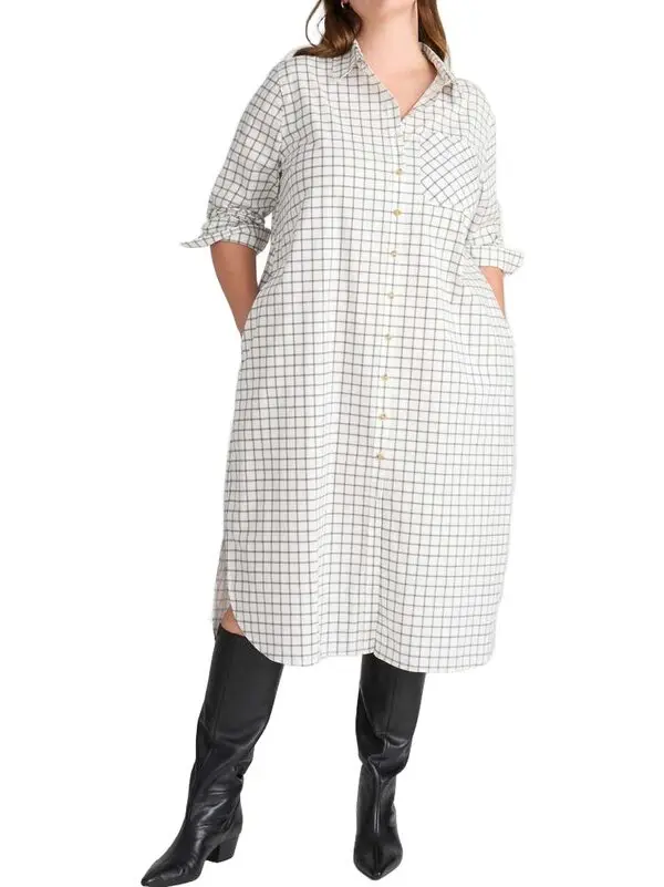 Universal Standard Odeon Long Sleeve Midi Shirtdress - White Windowpane Check