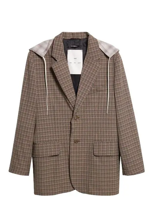 SONG FOR THE MUTE Square Glen Plaid Single-breasted Blazer With Drawstring Hood - Brown